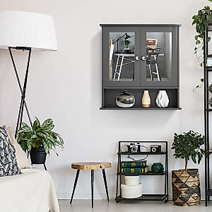 Salches Wall Mounted Bathroom 2 Mirrored Doors, Over-Toilet Hanging w/Shelves, Wooden Storage Organizer Medicine Cabinets, Grey