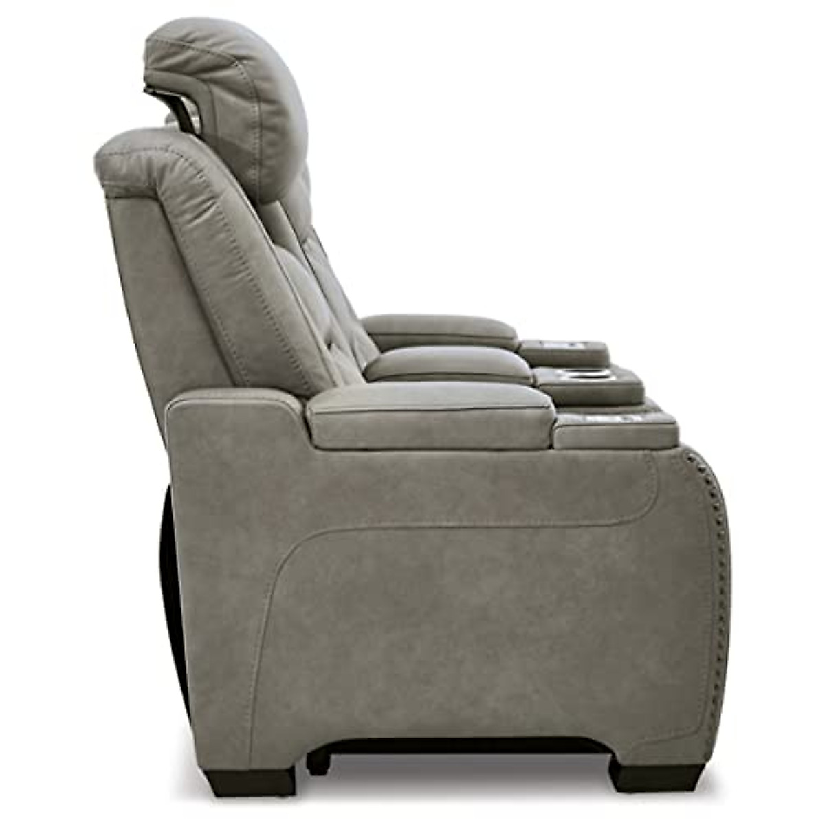 Signature Design by Ashley The Man-Den Leather Power Reclining Loveseat with Center Console, Adjustable Headrest & Wireless Charging, Gray