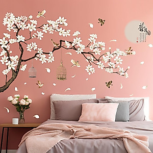 Chinese Style White Flowers Black Tree and Flying Birds Wall Stickers Removable DIY Wall Art Decor Decals Murals for Offices Home Walls Bedroom Study Room Wall Decaoration, 50inchx74inch