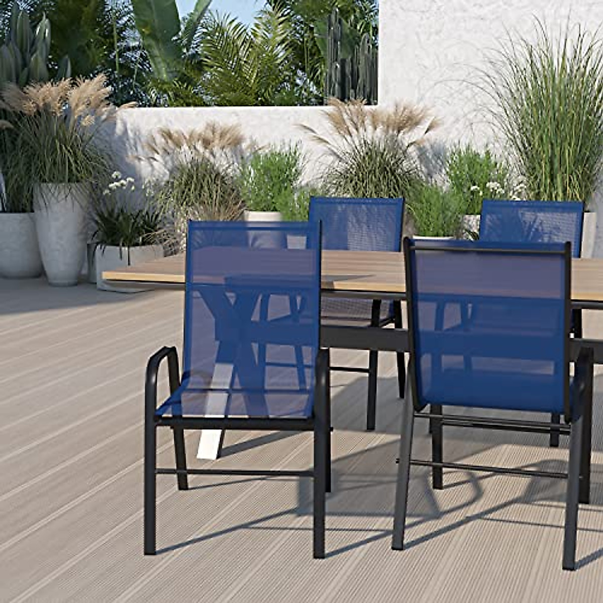 Flash Furniture Brazos Series Outdoor Stackable Patio Chairs with Flex Comfort Material, Stacking Outdoor Modern Sling Patio Chairs, Set of 4, Navy