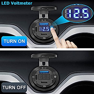 USB C Car Charger Socket 12V USB Outlet 2 Pack: Newest Aluminum Metal 58W Dual PD3.0 20W USB C and 18W QC3.0 Port Multi USB Charger Outlet with LED Voltmeter Power Switch for RV Motorcycle Boat Marine