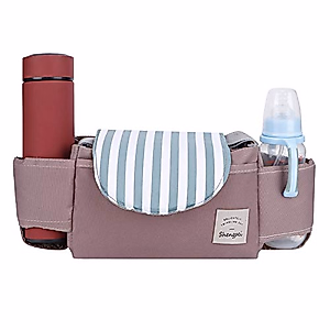 Baby Stroller Hanging Bag Universal Cup Holder Storage Bag Strollers Accessory With Movable Internal Partitionbaby Store Bottles Coffee Cups(Mint stripes)