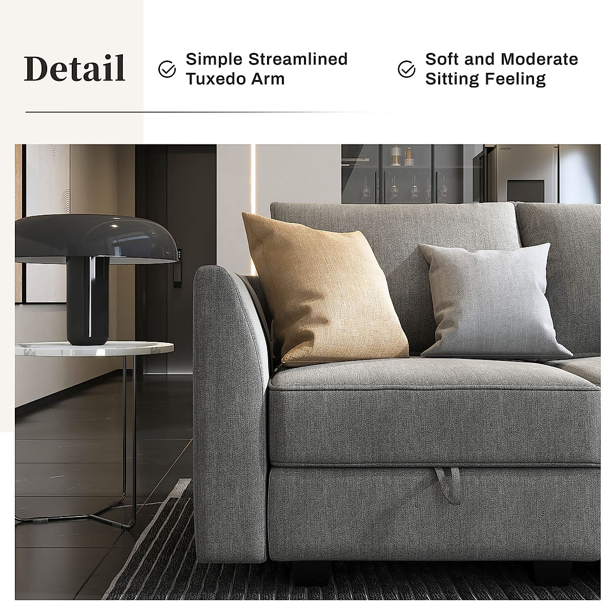 HONBAY Reversible Sectional Sofa with Chaise Modern Fabric Modular Sofa Couch with Ottoman L Shaped Couch with Storage Seat for Small Space, Grey