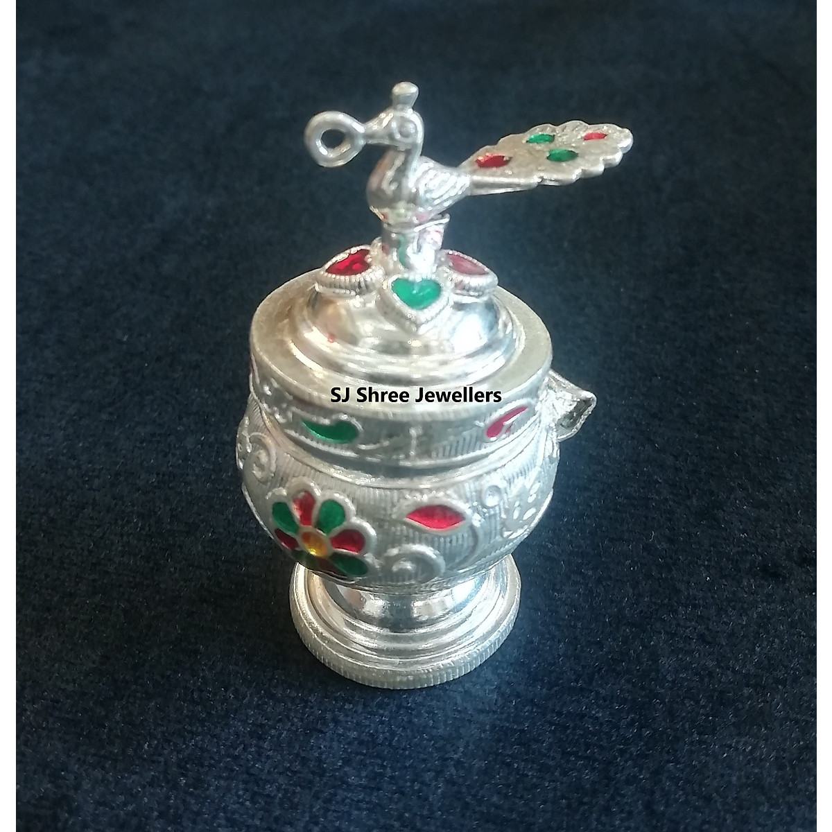 shree jewellers SJ Pure Silver Designer Meenakari Sindoor Dabbi with Peacock Design Lid, Pooja Items for Home, KumKum Round Box Spiritual Gift Item ~ Small Size 5.2 x 3 cm