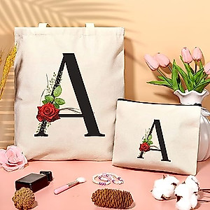 DERTE Initial Floral Tote Bag Personalized Letter Canvas Cosmetic Makeup Bag Monogrammed Gift Beach Bags for Women Bridesmaids Birthday Wedding Bridal Shower (Letter A)