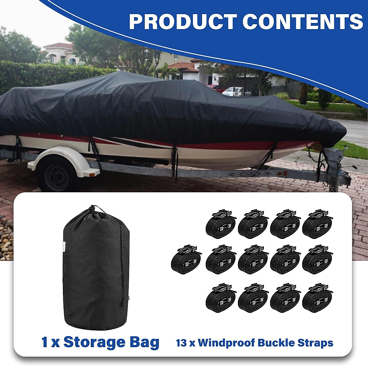 Hifybaty 17'- 19' Boat Cover - Heavy Duty 600D Dual PU Trailerable Marine Grade Polyester Canvas, Fits 17-19ft V-Hull, Tri-Hull, Fishing Boat, Runabout, Pro-Style Bass Boat with Tightening Strap