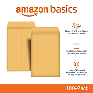 Amazon Basics Catalog Mailing Envelopes, Peel & Seal, 6x9 Inch, Brown Kraft, 100-Pack