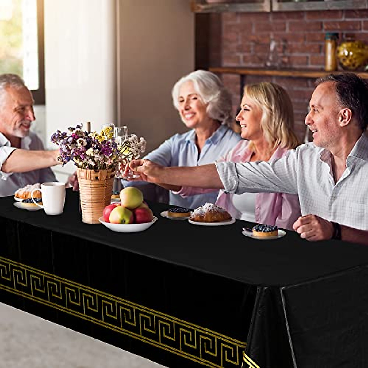 Amatra 4 Pack 108" X 54" Black and Gold Premium Disposable Plastic Tablecloth for 8ft Long Rectangle Tables, Waterproof Covers for Party, Picnic, Banquet & Kid’s Activities