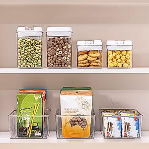 Vtopmart 6 Pack Food Storage Organizer Bins, Clear Plastic Bins for Pantry, Kitchen, Fridge, Cabinet Organization and Storage, 4 Compartment Holder Packets, Snacks, Pouches, Spice Packets