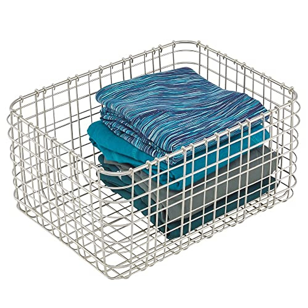 mDesign Farmhouse Decor Metal Wire Storage Basket Bin for Storage & Organizing Closets, Shelves, and Cabinets in Bedrooms - Holds Shirts, Purses, Leggings, Scarfs, Hats - 12" x 9" - 3 Pack - Satin