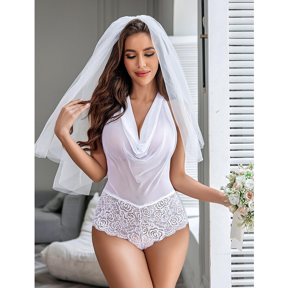 Avidlove See Through Lingerie V-Neck Floral Lace Babydoll Sexy Lingerie for Women One Piece Bodysuit White M