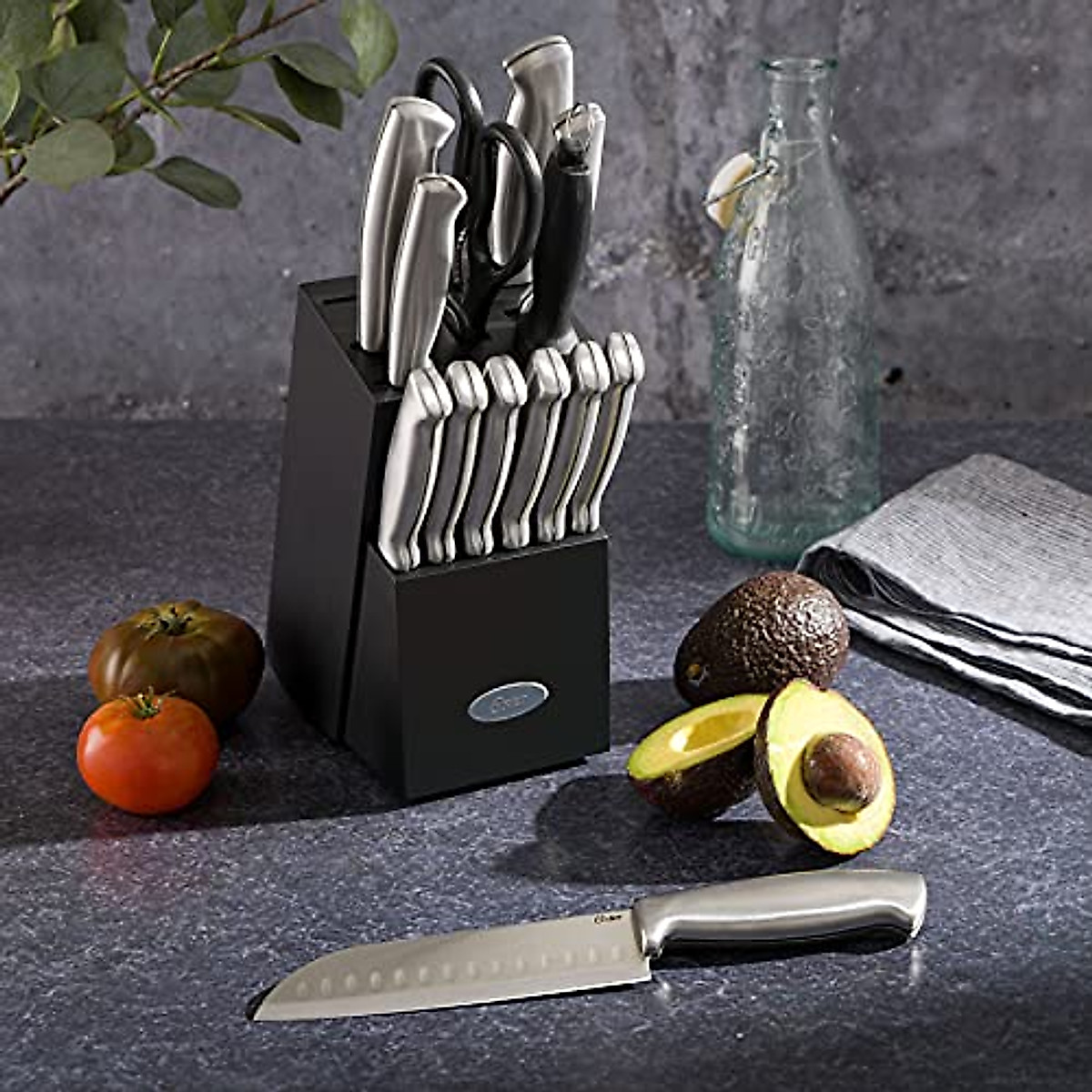 Oster - 70561.14 Oster Baldwyn High-Carbon Stainless Steel Cutlery Knife Block Set, 14-Piece, Brushed Satin