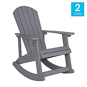 Flash Furniture Savannah Poly Resin Wood Adirondack Rocking Chair - All Weather Gray Polystyrene - Stainless Steel Hardware - Set of 2