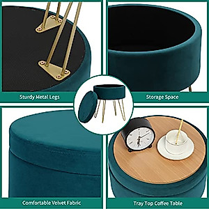 YITAHOME Modern Velvet Upholstered Round Storage Ottoman Footrest Vanity Stool with Gold Metal Legs & Tray Top Coffee Table Having 17.5” Height and Holds Upto 330 Lbs (Teal)