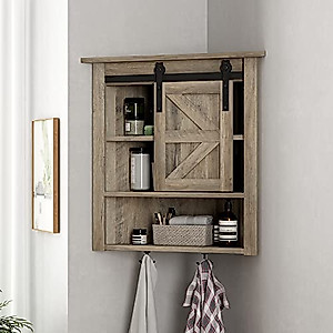 Fameill Bathroom Wall Cabinet Wall Mounted Corner Cabinet with Sliding Barn Door Over Toilet Bathroom Organizer Corner Wall Shelf Medicine Cabinet,Grey