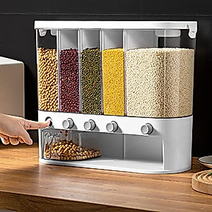 Conworld Dry Food Dispenser,Wall mounted 5 Grid Scent Bead Dispenser,Rice dispenser 25 pounds Kitchen Storage with Measuring Cup, Suitable for Rice, Beans, Laundry Beads