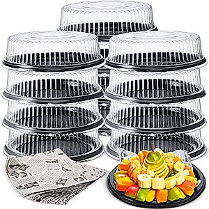 Tessco 12 Pack 12 in Disposable Catering Trays with Lids Serving Trays Black Plastic Round Platters with Clear Lids and 24 Pcs Deli Wax Paper Sheets for Party Food Sandwich Veggie Cookie Cake supplies