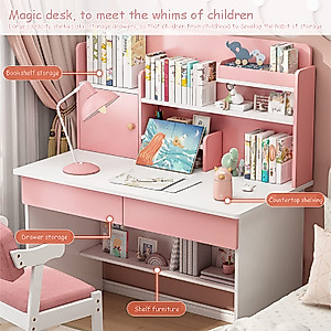QQXX Cute k*id-s Study Desk with Chair,Wooden Ergonomics Study Desk Table with Drawer and Storage Shelf,Computer Workstation with Bookshelf Hutch,Multi Function Desk and Chair Set for Boys and Girls