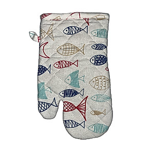 Set of 4, 100% Cotton, Coastal Nautical Fish Design, Kitchen Towel Set, Include 2 Kitchen Towels, 1 Pot Holder & 1 Ovenmitt