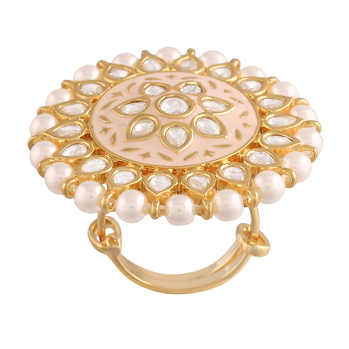 I Jewels Gold Plated Indian Wedding Bollywood Peach Enamel/Meena Work Moti Ring Glided with Uncut Polki Kundans for Women/ (FL166Pe)