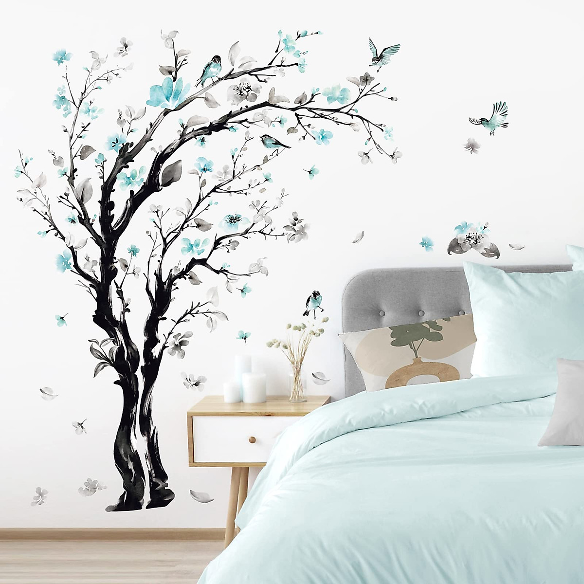 decalmile Large Watercolor Tree Wall Decals Blue Flower Branch Wall Stickers Living Room Bedroom Kitchen Wall Decor(H:63/48 Inches)