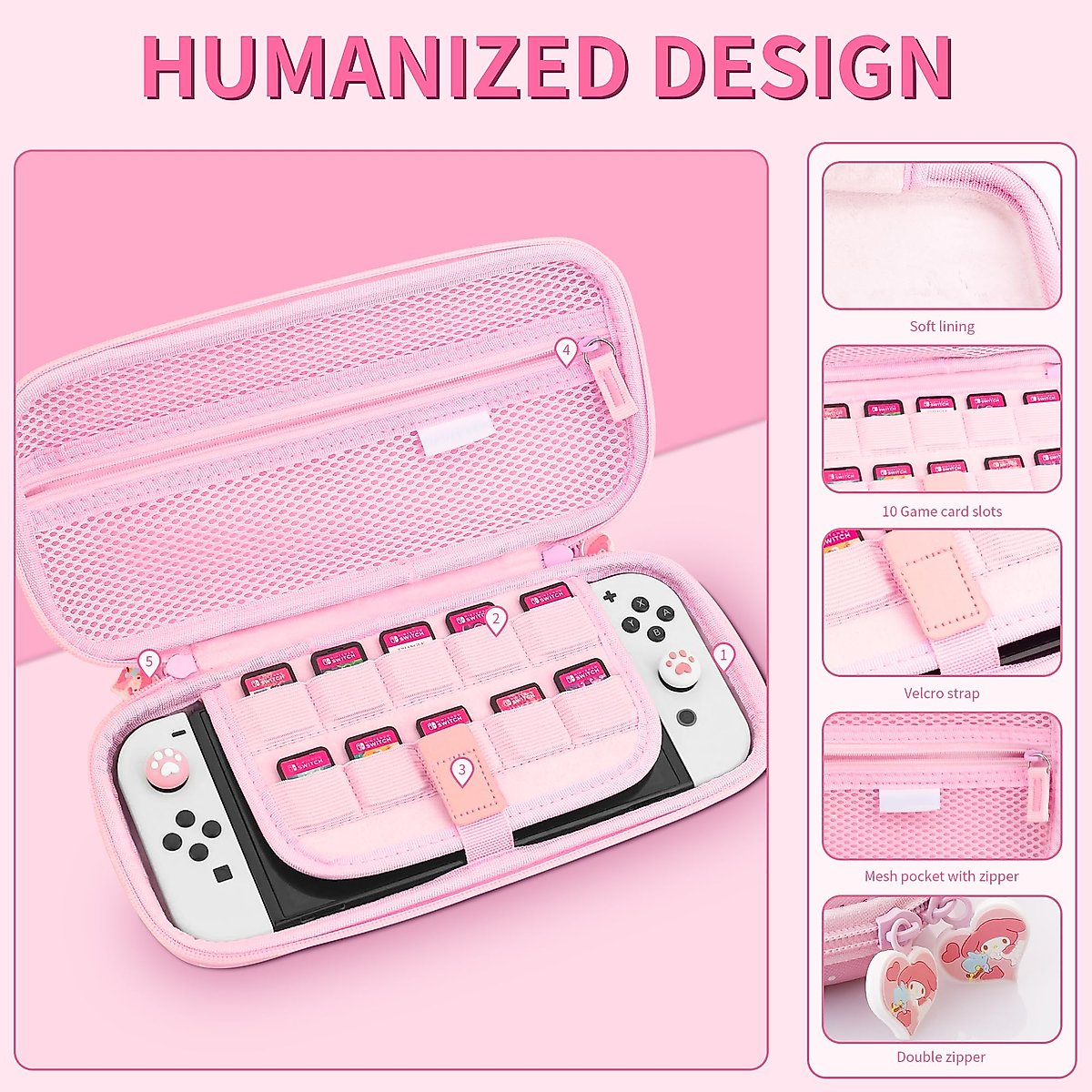 FUNDIARY Cute Bunny Carrying Case for Nintendo Switch and Switch OLED, Pink Portable Travel Case Built-in 10 Game Card Slots for Switch Console Joycon & Accessories with Shoulder Strap and 2 Thumb Cap