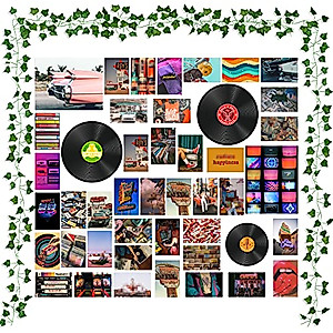 K1tpde 48PCS Retro Room Decor Wall Collage Aesthetic with Fake Vines, Retro Records Picture for Wall Collage, Retro Room Decor for Girls, Wall Art Prints with Fake Vine for Bedroom, Retro Records Wall Picture Decor for Teens, Colorful Collage Kit