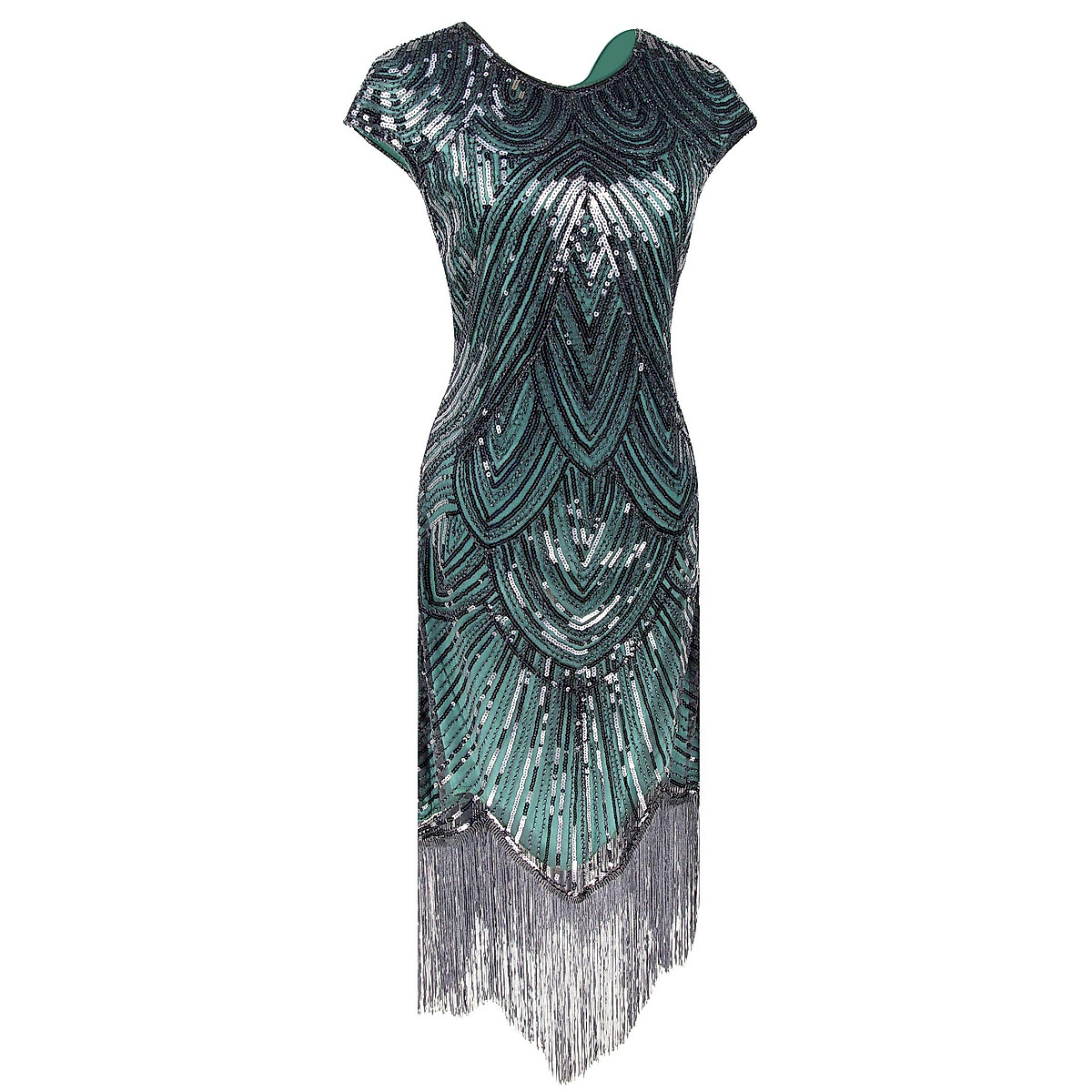 Letter Love Women 1920s Vintage Flapper Fringe Beaded Gatsby Party Dress With 20s Accessories Set (S, Black Green)
