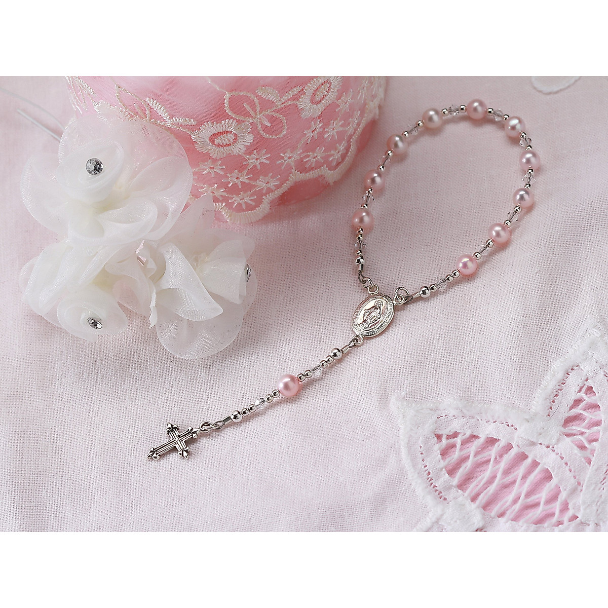 Precious Pieces Sterling Silver Pink Baby Rosary Baptism Gift for Baby Girls