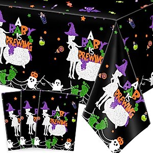 3 Pack Halloween Baby Shower Tablecloths, 71 x 43 Inches Halloween Baby Shower Plastic Table Cover A Baby is Brewing Baby Shower Party Decorations Supplies for Halloween Gender Reveal Table Decor
