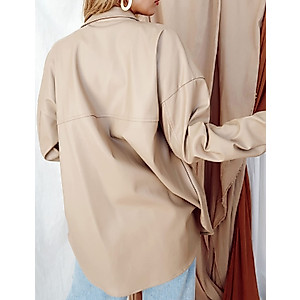 Gihuo Womens Faux Leather Jacket PU Shacket Button Down Biker Long Sleeve Lapel Blazer Coat Outwear with Pocket(01Apricot-L)