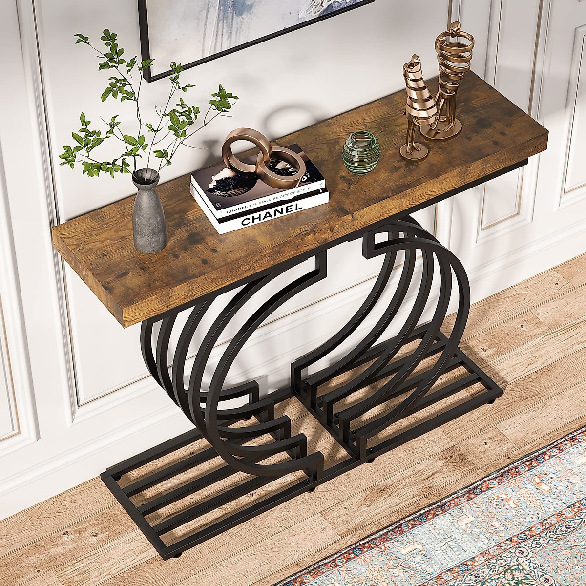 Tribesigns Modern Console Table with Metal Base, 40 inch Geometric Entryway Sofa Narrow Long, Industrial Accent for Living Room, Entryway, Hallyway, Entrance, Rustic Brown,(HOGA-JW0352)