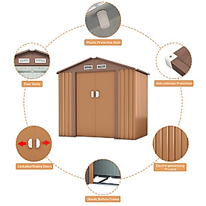 HOGYME 7' x 4.2' Metal Outdoor Storage Shed, Galvanized Steel Garden Shed & Outdoor Storage Suitable for Lawn Mower Bike, Backyard Tool Shed with Lockable/Sliding Door and Stable Base, 4 Vents, Coffee