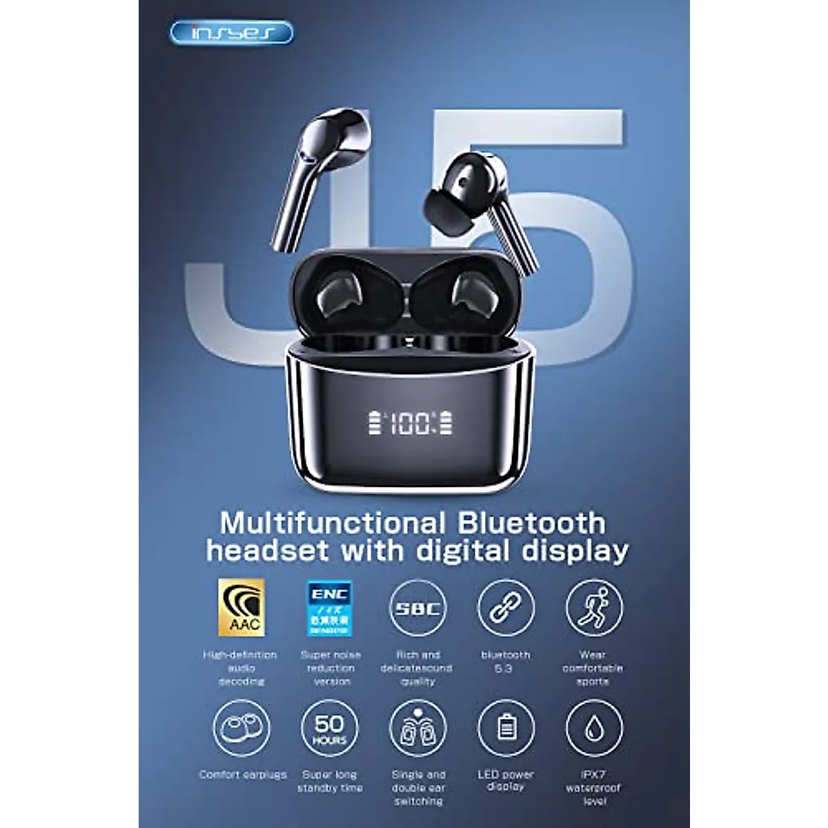 INSBES Wireless Earbuds Bluetooth 5.3 Headphones Touch Control with Wireless Charging Case IPX7 Waterproof Stereo Ear Buds in-Ear Built-in Mic Bluetooth Earbuds