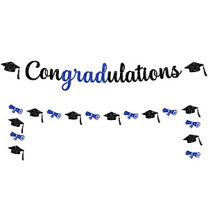 KatchOn, Glitter Congratulations Banner - 10 Feet | Pre- Strung Congrats Grad Banner | Black and Blue Graduation Decorations Class of 2024 | Graduation Cap Garland for Congratulations Decorations