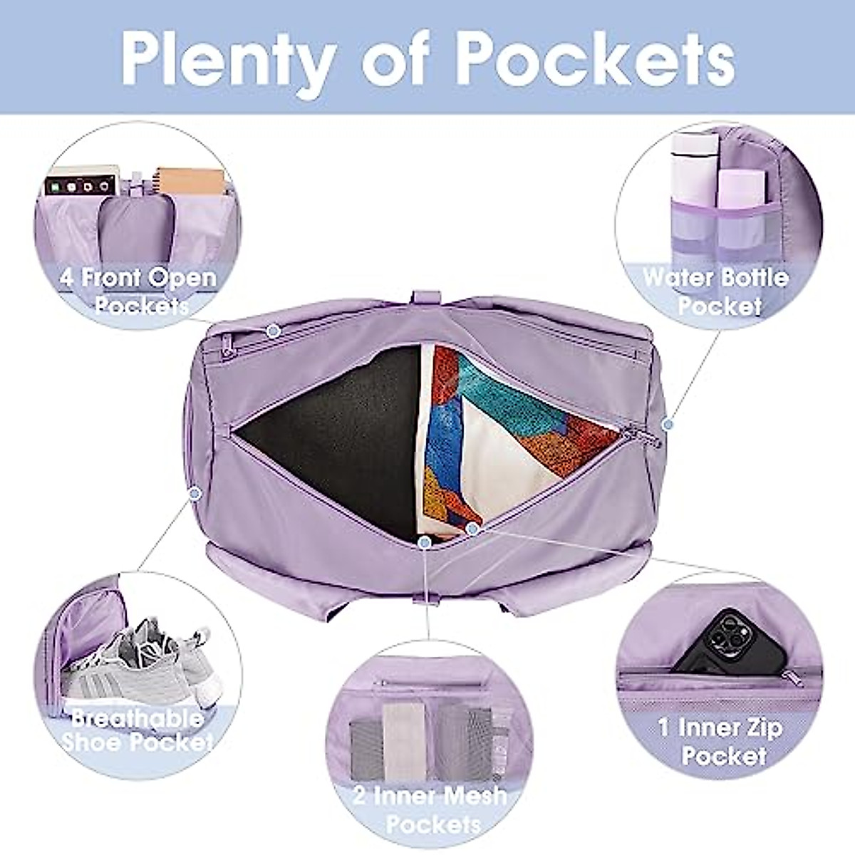 sportsnew Yoga Gym Bags for Women with Shoes Compartment and Wet Dry Storage Pockets with Adjustable Yoga Mat Holder, Purple