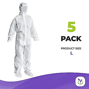 AMZ White Disposable Coveralls With Hood, L. 5 Pack Hazmat Suits Disposable. 60 GSM SMS Disposable Painters Coveralls with Boots, Elastic Wrists. Waterproof Full Body Protective Suit For Hospital