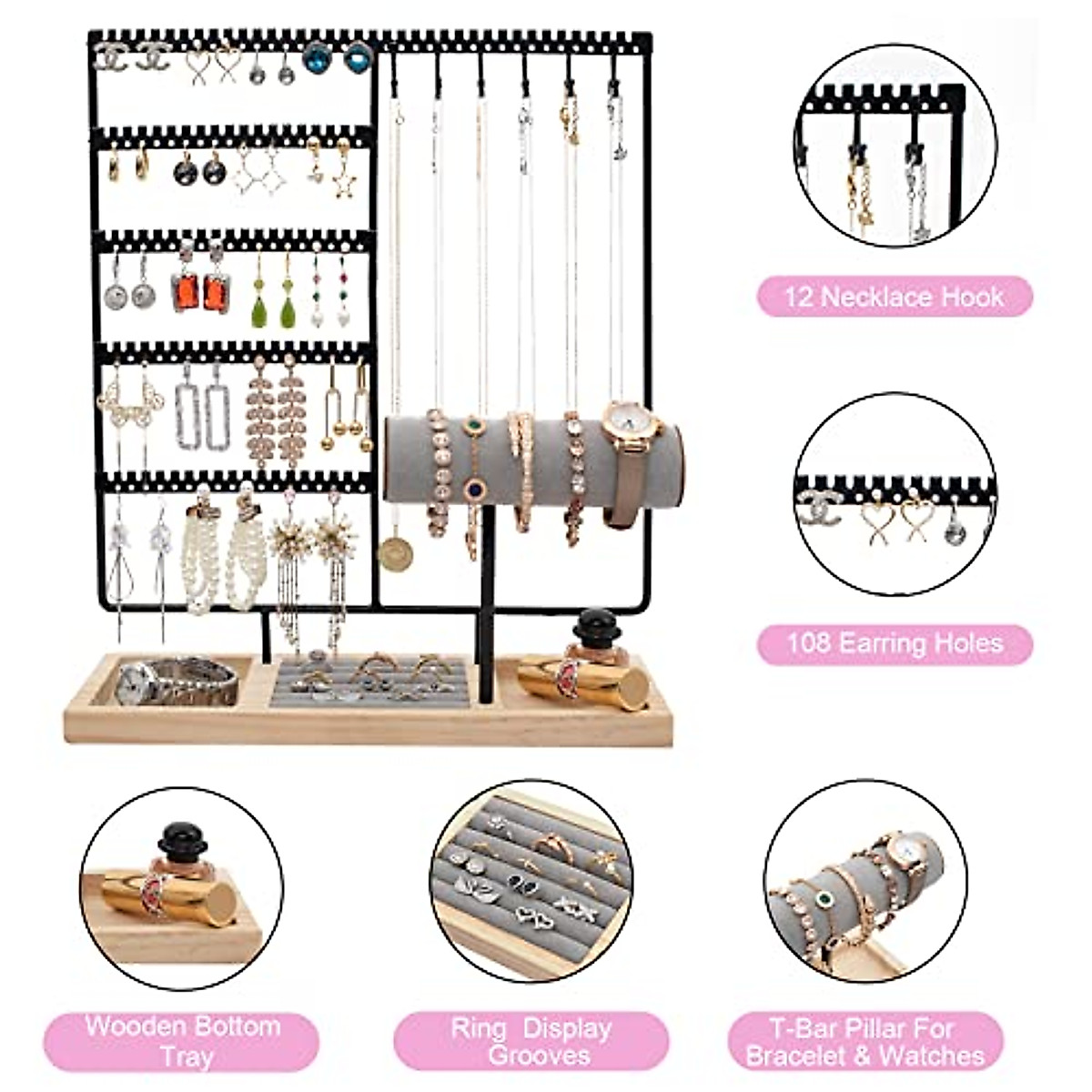 Jewelry Organizer Stand, Earring Holder Organizer with 108 Holes, Jewelry Stand with Bracelet Holder, Jewelry Holder that Can Store Necklaces Rings Earrings Watches Bracelets, Suitable Gifts for Women