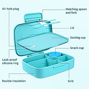 ANDMOON Bento Lunch Box with Kids/Adults, 5 Compartments Leakproof Lunch Container with Dressing Cup, Eco-Friendly Double Insulated Boxes, Dishwasher and Microwave Safe, BPA-Free (blue)