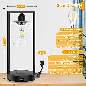 Wireless Charging Touch Control Table Lamp Set of 2, Dimmable Bedside Nightstand Lamps with USB Port, Industrial Desk Lamps for Bedroom Living Room Office Seeded Glass Shade, Bulbs Included