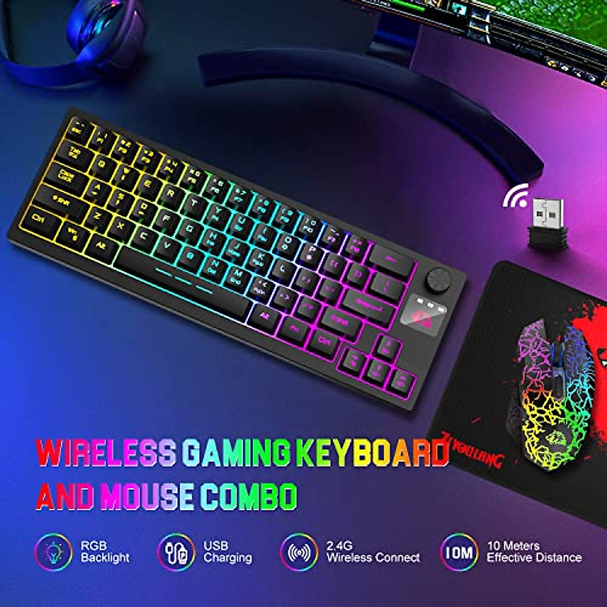 Wireless Gaming Keyboard and Mouse Combo,12 RGB Backlit with Rotary Knob,Long-Lasting Rechargeable Battery 4000mAh,N-Key Rollover,Quick and Quiet Typing Keyboard and Mouse for PC PS4 PS5(Black)