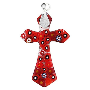 GlassOfVenice Murano Glass Red Millefiori Elegant Cross Pendant