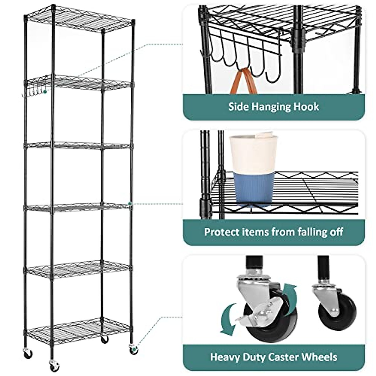 Homdox 6-Tier Storage Shelf Wire Shelving Unit Free Standing Rack Organization with Caster Wheels, Stainless Side Hooks, Black