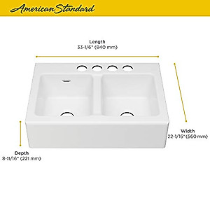 American Standard 77DB33220A.308 Delancey 33x22 Double Bowl Cast Iron Apron Front Kitchen Sink, 33 x 22 inch, Brilliant White
