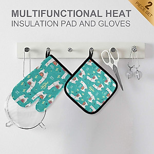 Qilmy Llama Oven Mitts and Pot Holders Heat Resistant Gloves Kitchen Counter Safe Mats for BBQ Cooking Baking Grilling Microwave