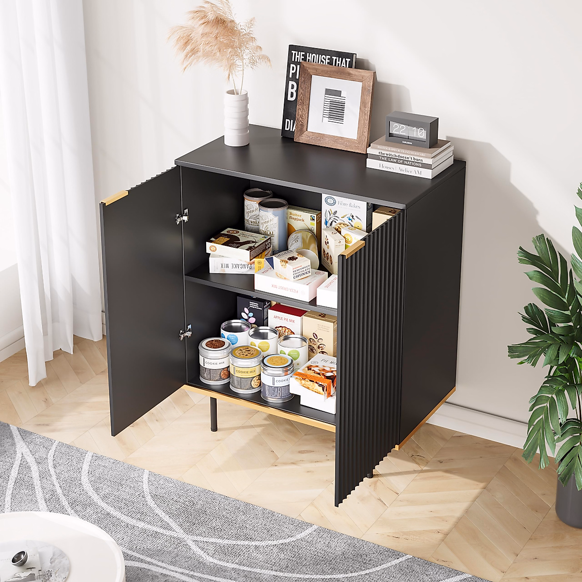 Fluted Buffets & Sideboards, Sideboard Cabinet, Elegant 2 Door Design Black Sideboard - Acceent Cabinet Ideal for Dining Room and Kitchen Storage 31.4 inch