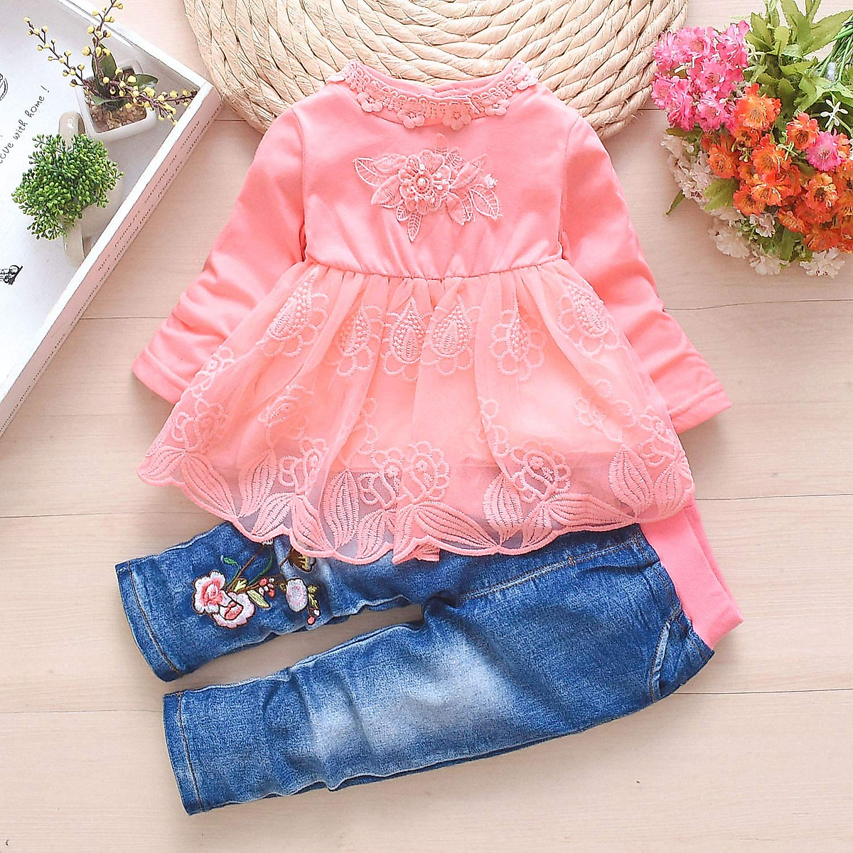 Peacolate 6M-4Years Spring Fall Baby Girls Clothing Set 3pcs Long Sleeve Dress Denim Jacket and Jeans(Pink,6-12Months)