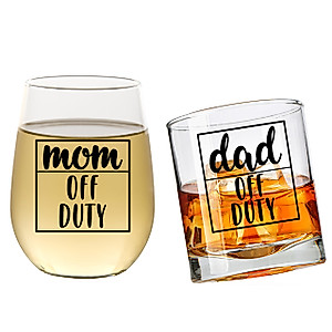 Mom Off Duty Dad Off Duty Wine and Whiskey Glass Set - First Time Parents Gifts - New Parents Gifts For Couples - Gender Reveal Gift For Mommy and Daddy - Best Gift for expecting Mother and Father