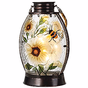TERESA'S COLLECTIONS Glass Decorative Hanging Solar Lanterns Lights, Waterproof Metal Outdoor Solar Lanterns with Bee Flowers for Tabletop Patio Lawn Yard Garden Decorations,10 inch Tall
