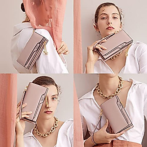 Cnoles Genuine Leather Wallet for Women Large Capacity Wristlet Bifold Ladies Purse Multi Card Organizer Pink